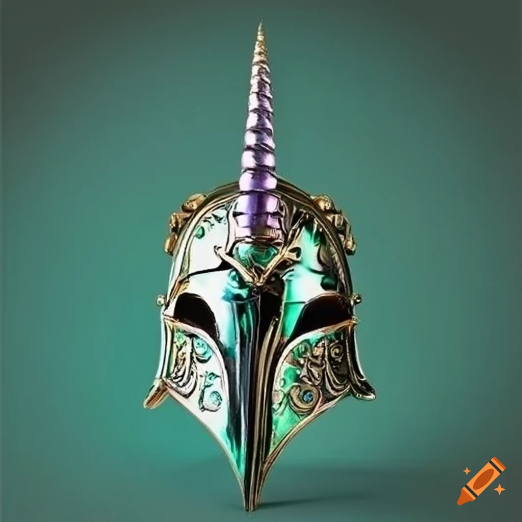 Ornate unicorn knight helmet in green chrome on Craiyon