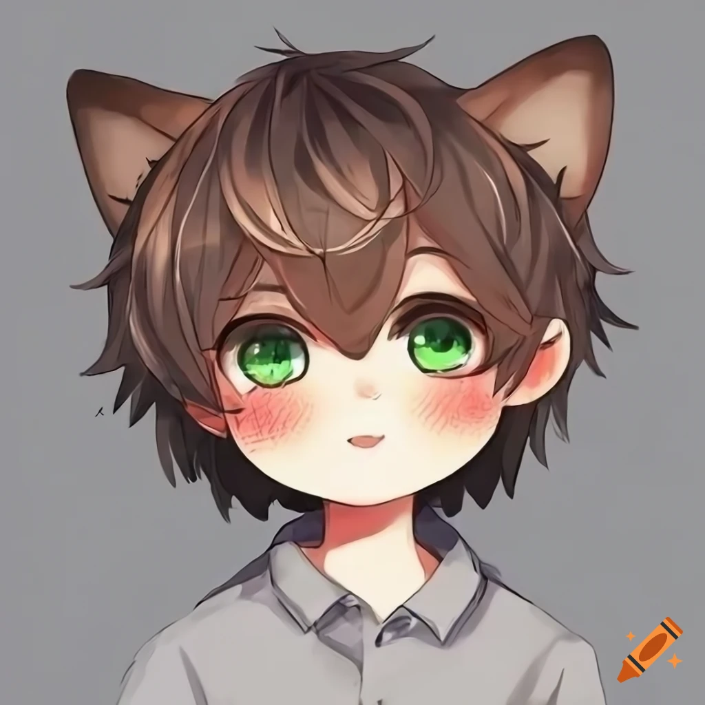 Cute chibi anime boy catboy with brown hair and green eyes on Craiyon