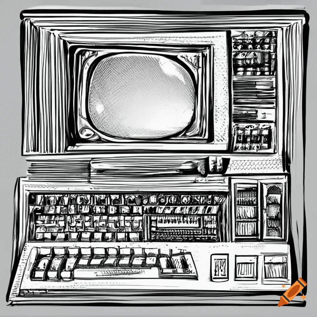 Vintage computer in black and white retro cartoon style on Craiyon