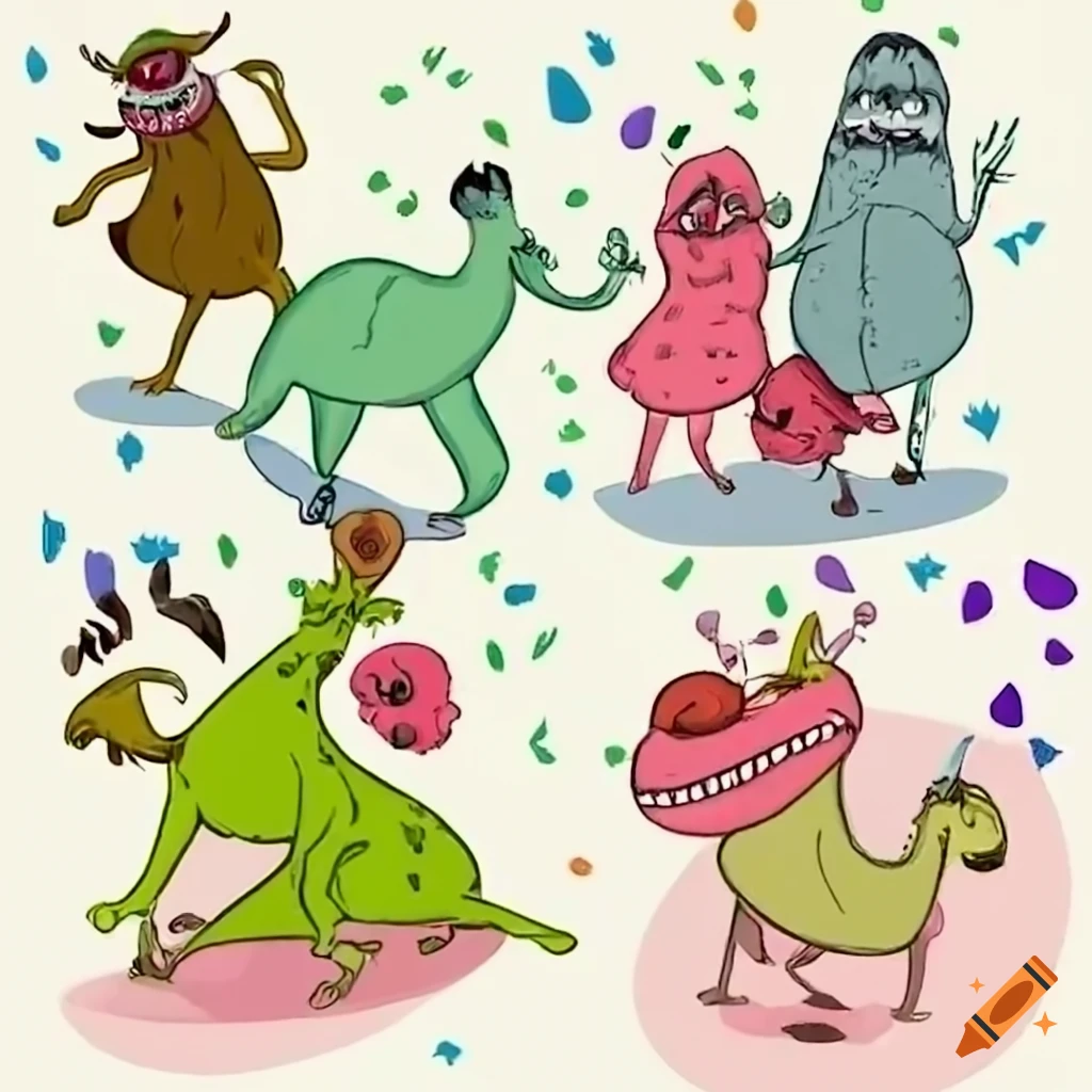 Imaginary creatures having a dance party on Craiyon