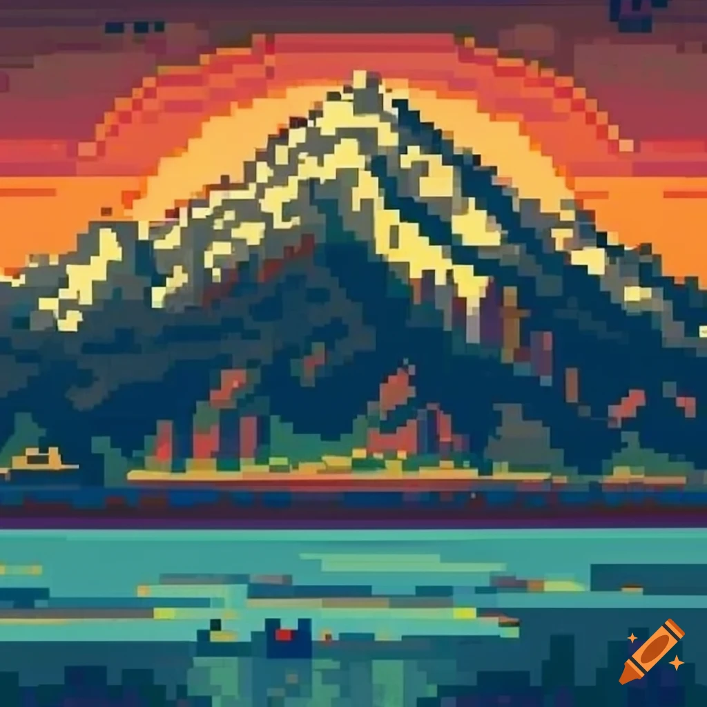 Vintage pixel art postcard with lakes, mountains, and deserts on Craiyon