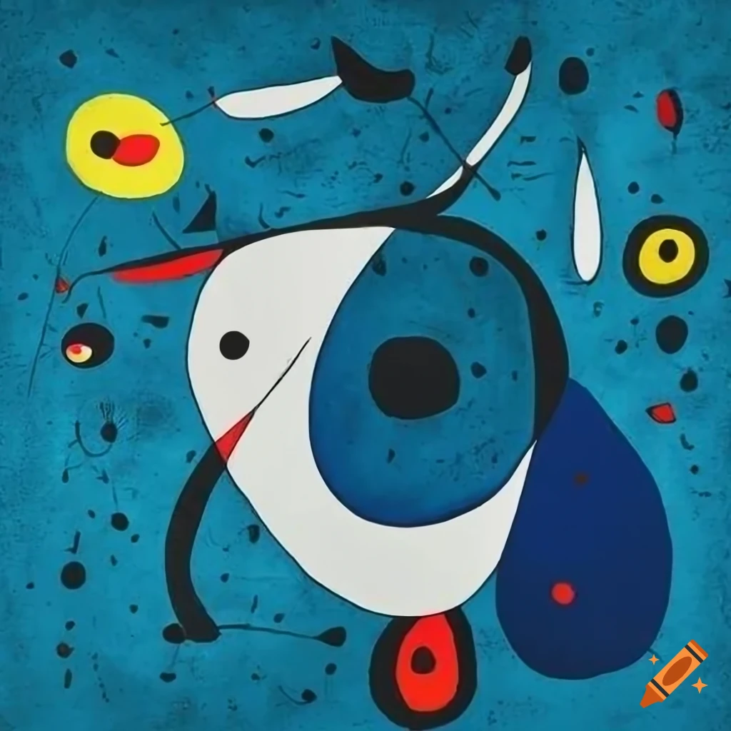 Surrealist red, yellow, white, and blue creatures and plants in miro ...