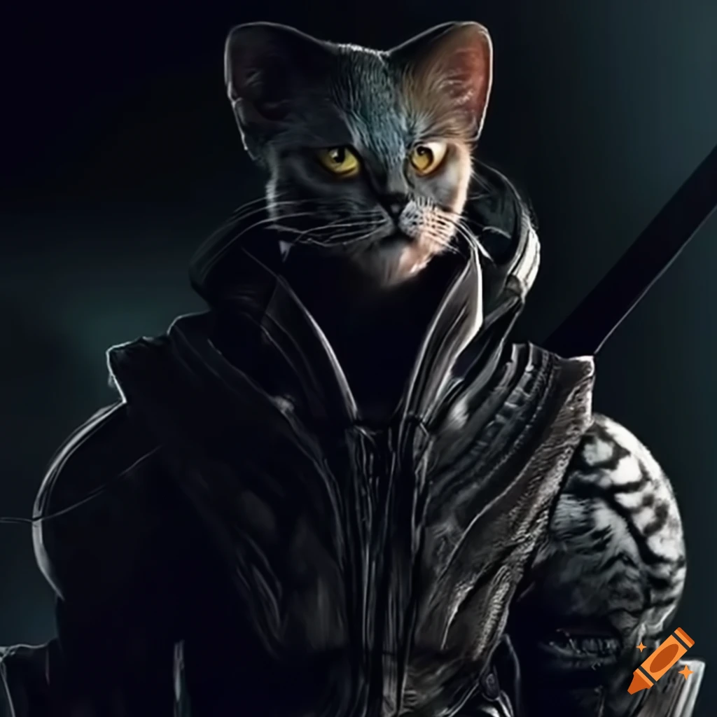 Cat warrior alien with a sword in a sci-fi setting on Craiyon