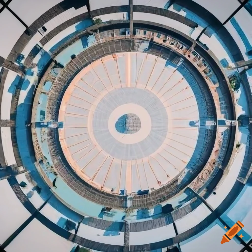 Top view of a white marble circular arena with stands on Craiyon
