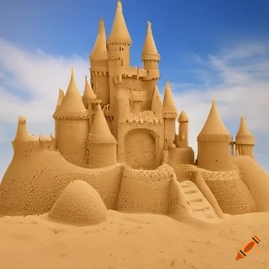 Big fancy sand castle on the beach on Craiyon