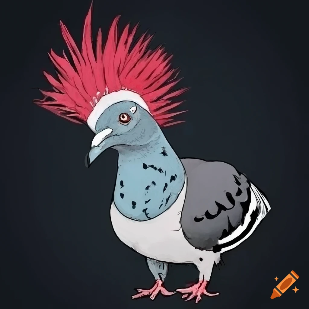 Plump pigeon with a mohawk in a colorful quirky illustration on Craiyon