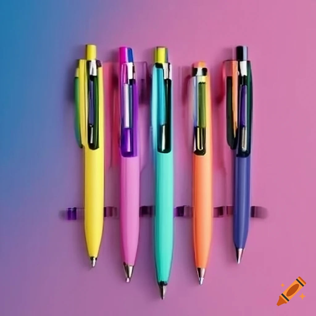 Colorful set of ten pens in a package on Craiyon