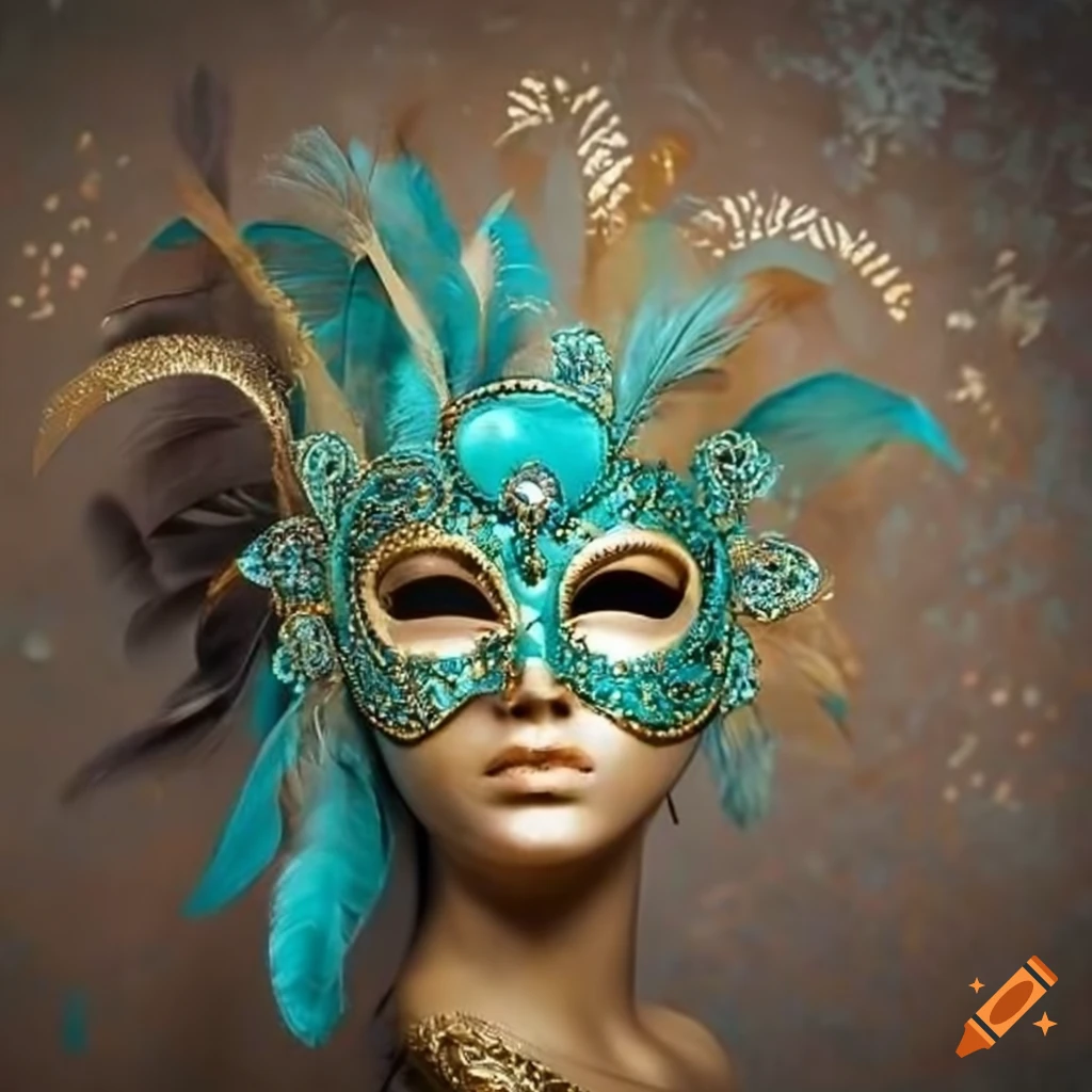 Gold filigree masquerade mask with teal accents and feathers on a ...