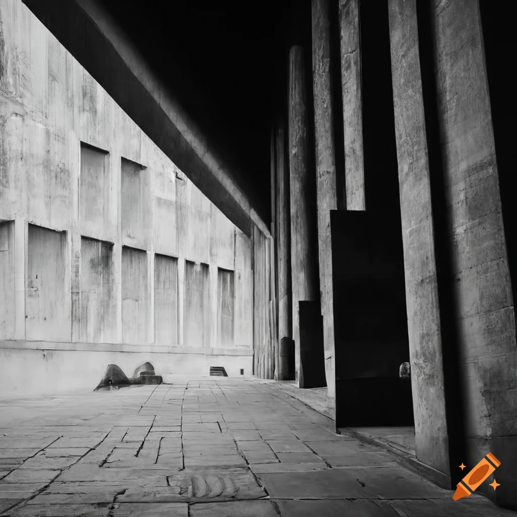 Brutalist structure with angular shapes and concrete textures on Craiyon