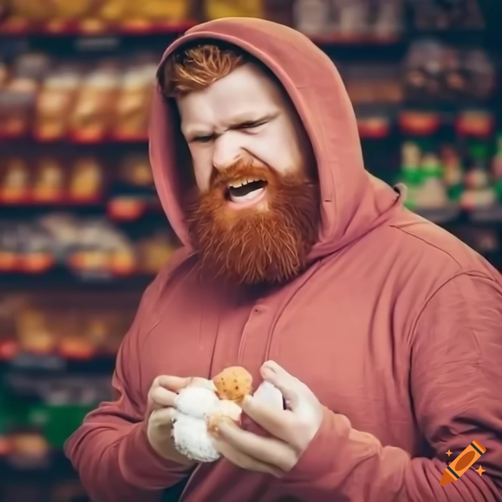 Man eating powdered sugar in a grocery store background on Craiyon