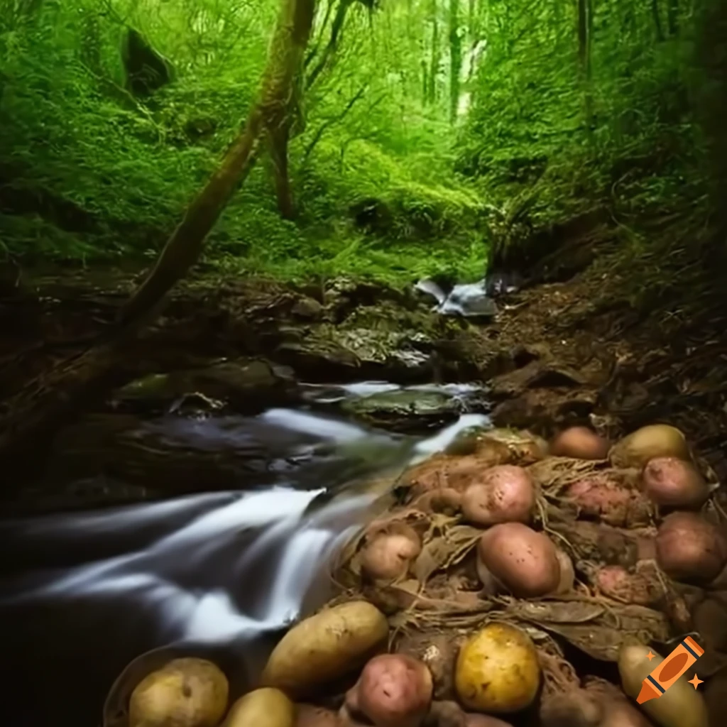 Creek flowing with potatoes in a forest setting on Craiyon