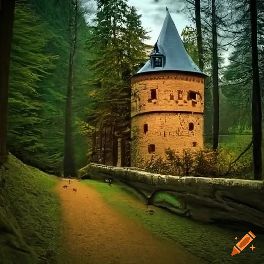 Old castle surrounded by pine trees in the forest with great detail on ...