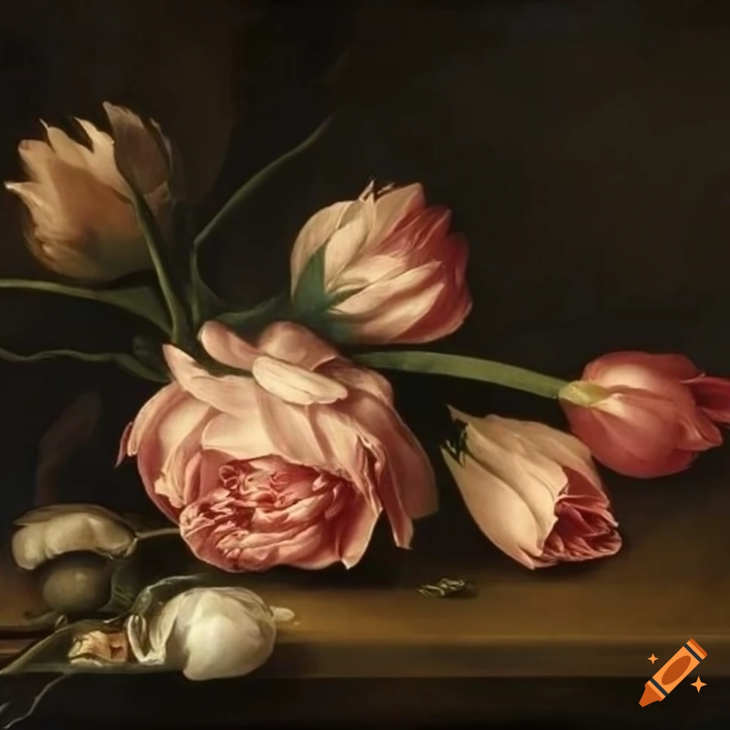 Exquisite 17th century dutch still life with tulips and peonies on Craiyon