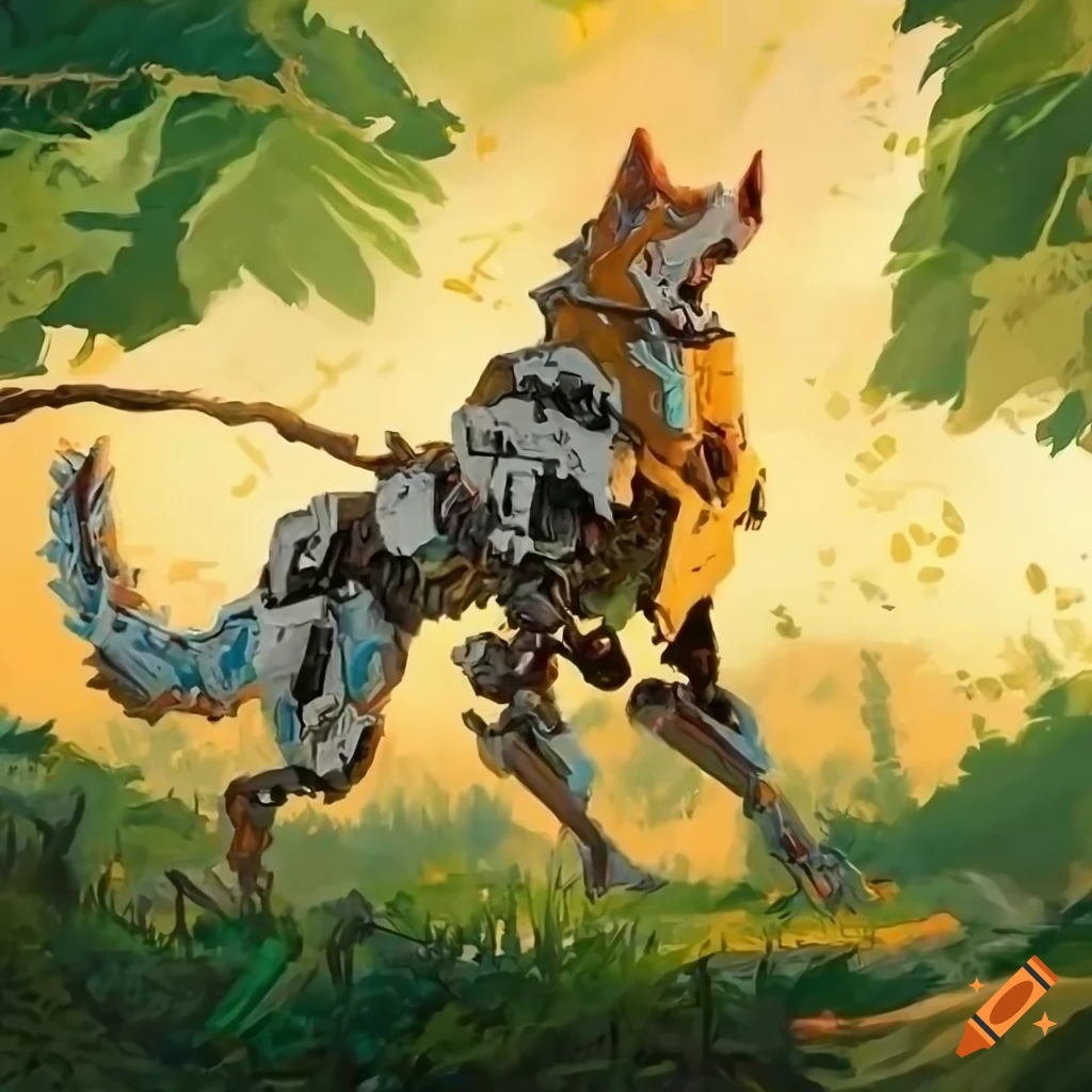 Wolf robot inspired by MTG art style from Horizon Zero Dawn in a green ...