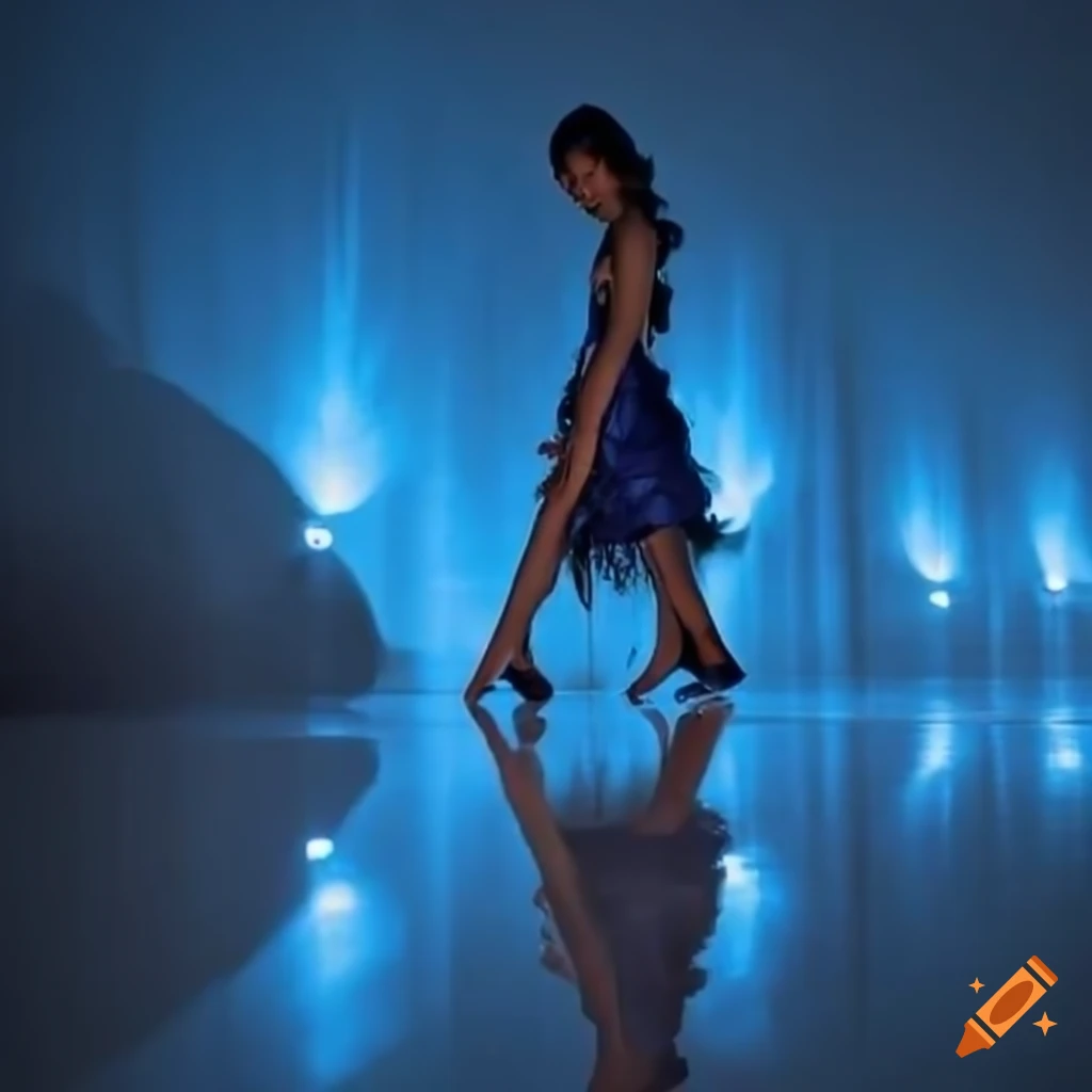 Elegant catwalk in mysterious blue light for a fashion show on Craiyon