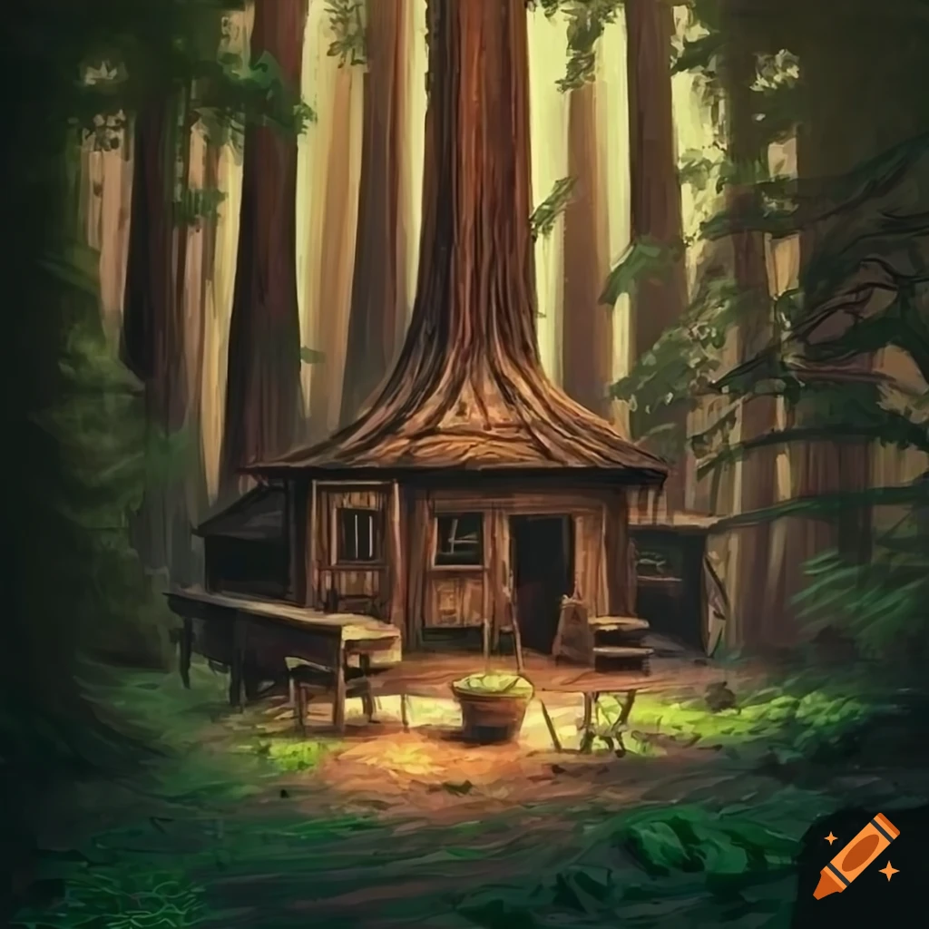 Rustic tavern in a mystical redwood forest during morning hours on Craiyon