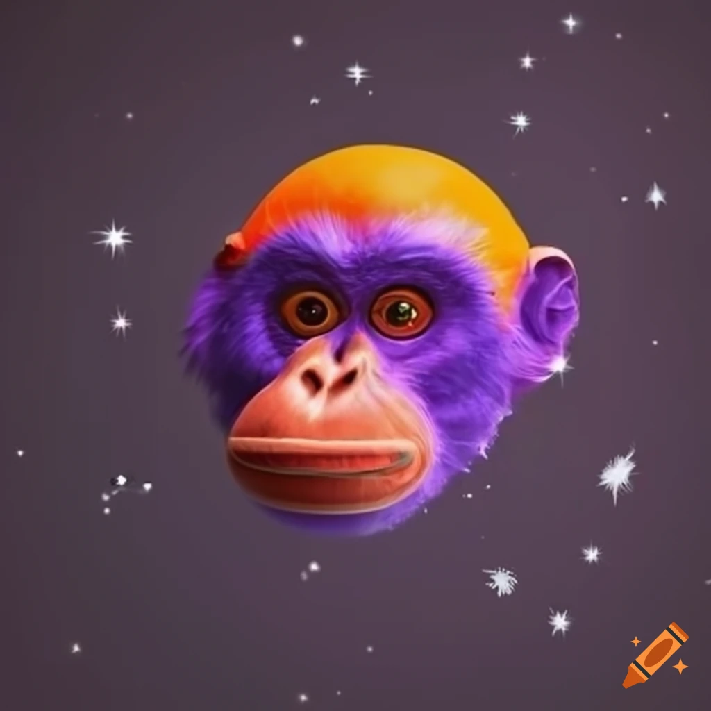 Orange and purple ape floating in space on Craiyon