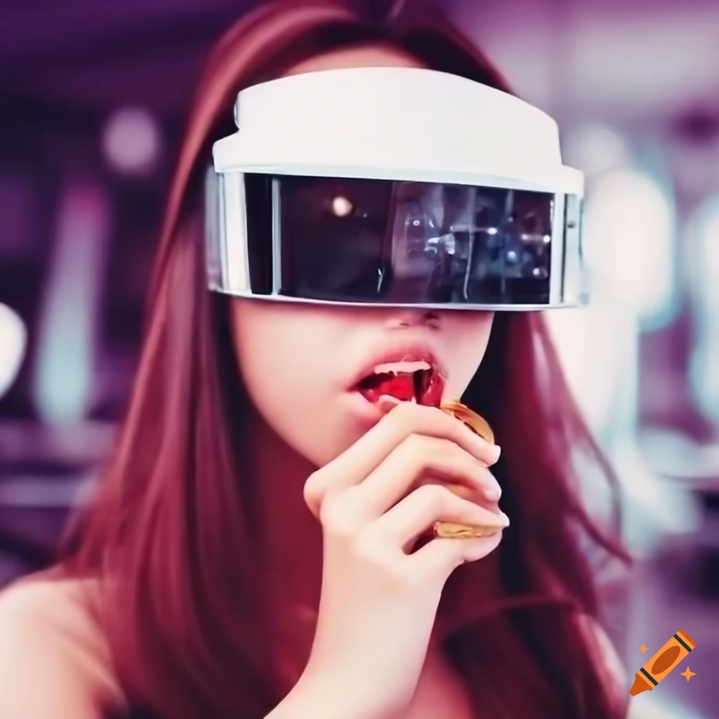 Asian girl eating at futuristic white diner with visor and bright ...