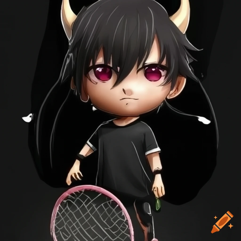 Chibi devil boy playing badminton in darkness with a black shirt on Craiyon