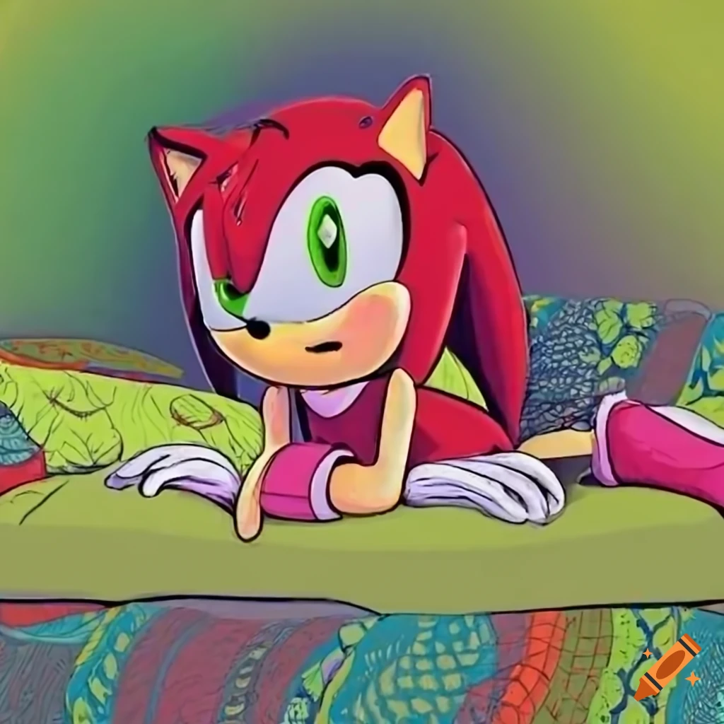 Amy Rose relaxing on a couch in a sleeveless shirt on Craiyon