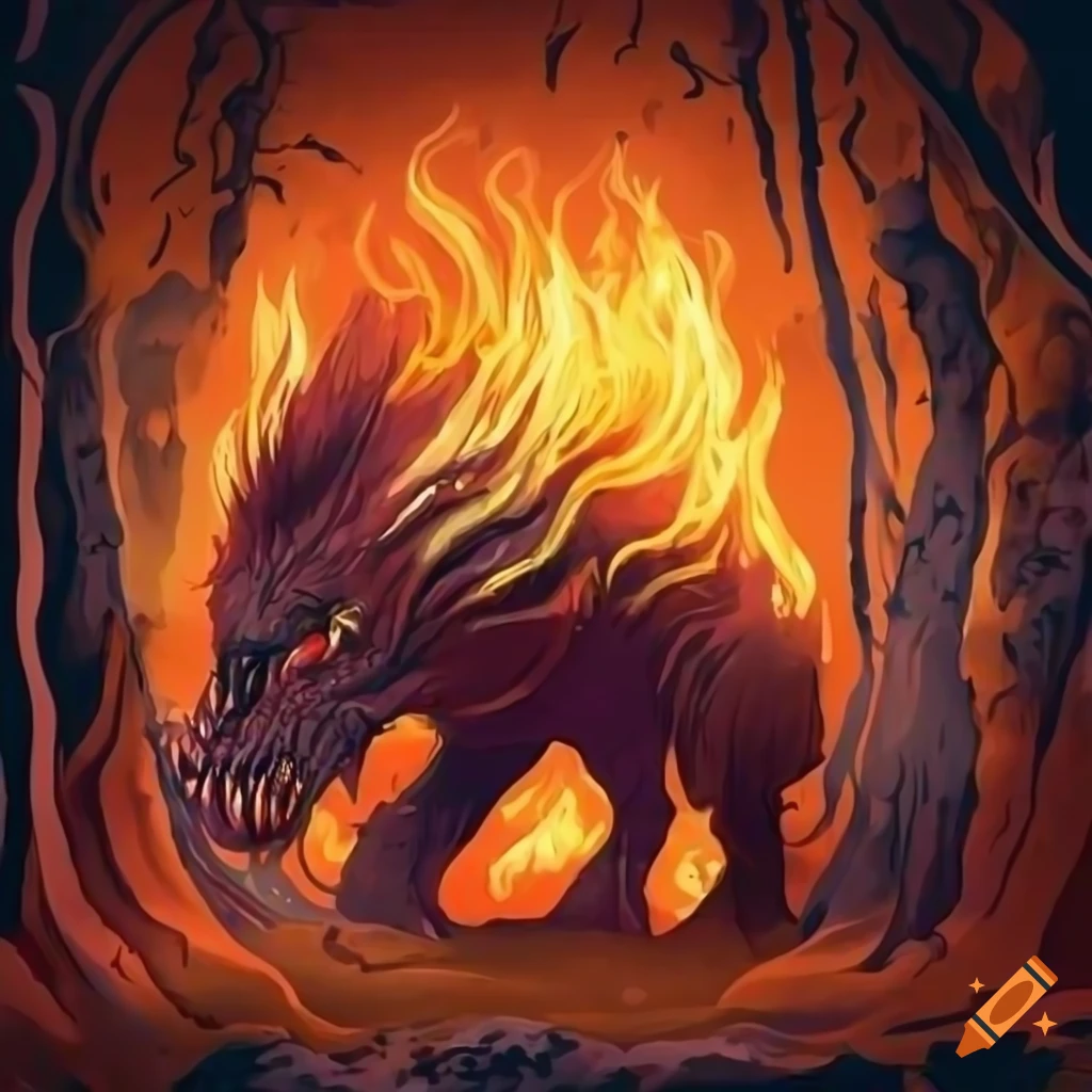 Artistic fire elemental with tusked boar characteristics in a forest ...