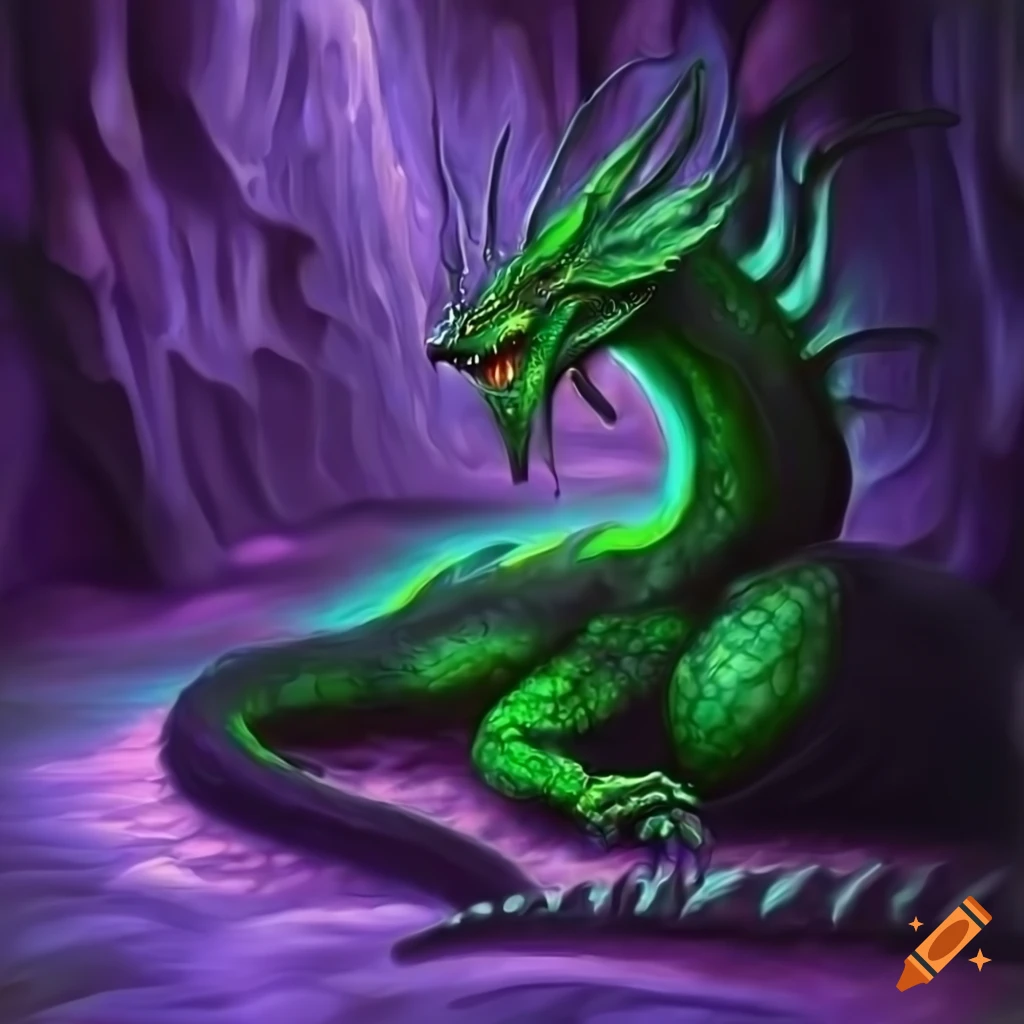 Artistic depiction of a green venomous dragon with purple ooze in a ...