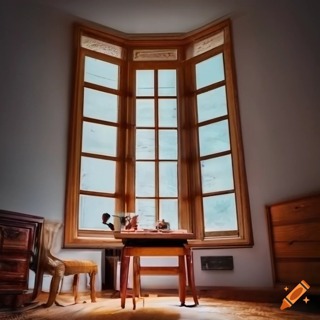 Low angle view of a room with high window and table on Craiyon