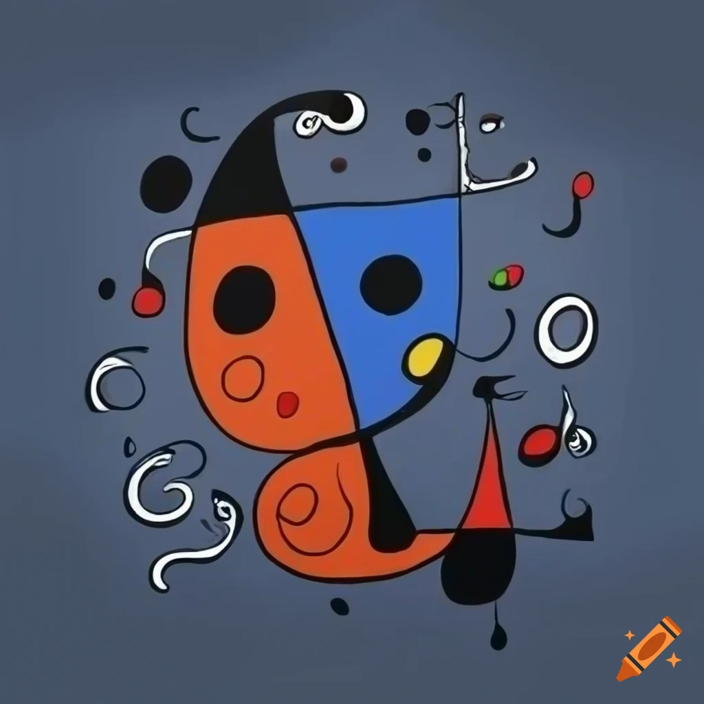 Surrealist scene in miro painting style with reds, yellows, whites, and ...