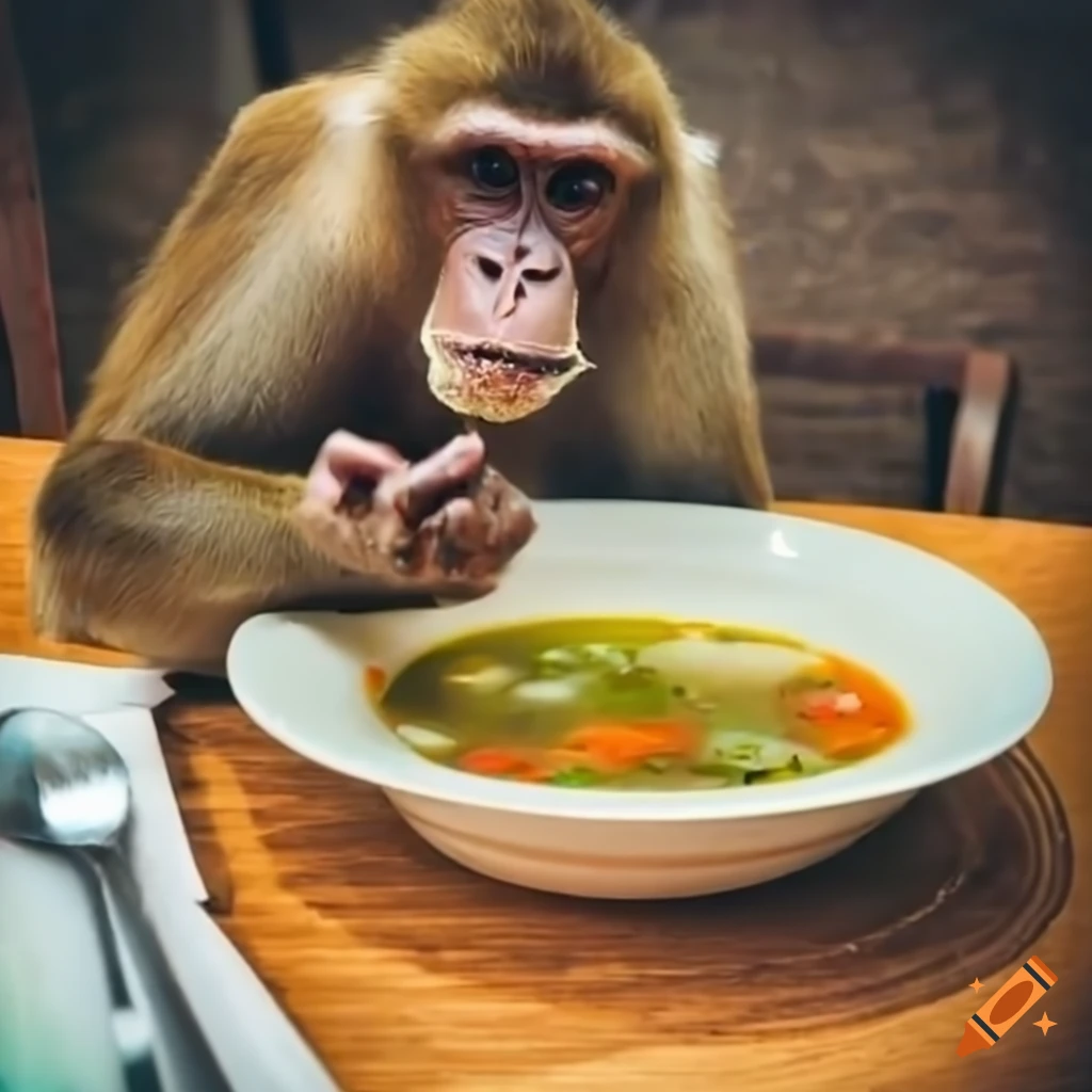 Ape eating soup at a fine dining restaurant on Craiyon