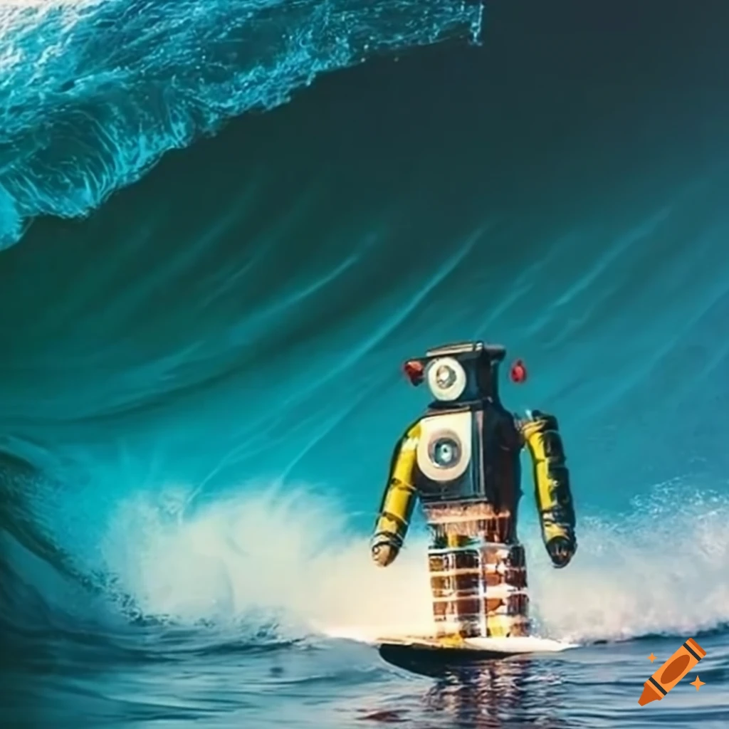 1950s-style robot surfing a big wave in the ocean on Craiyon