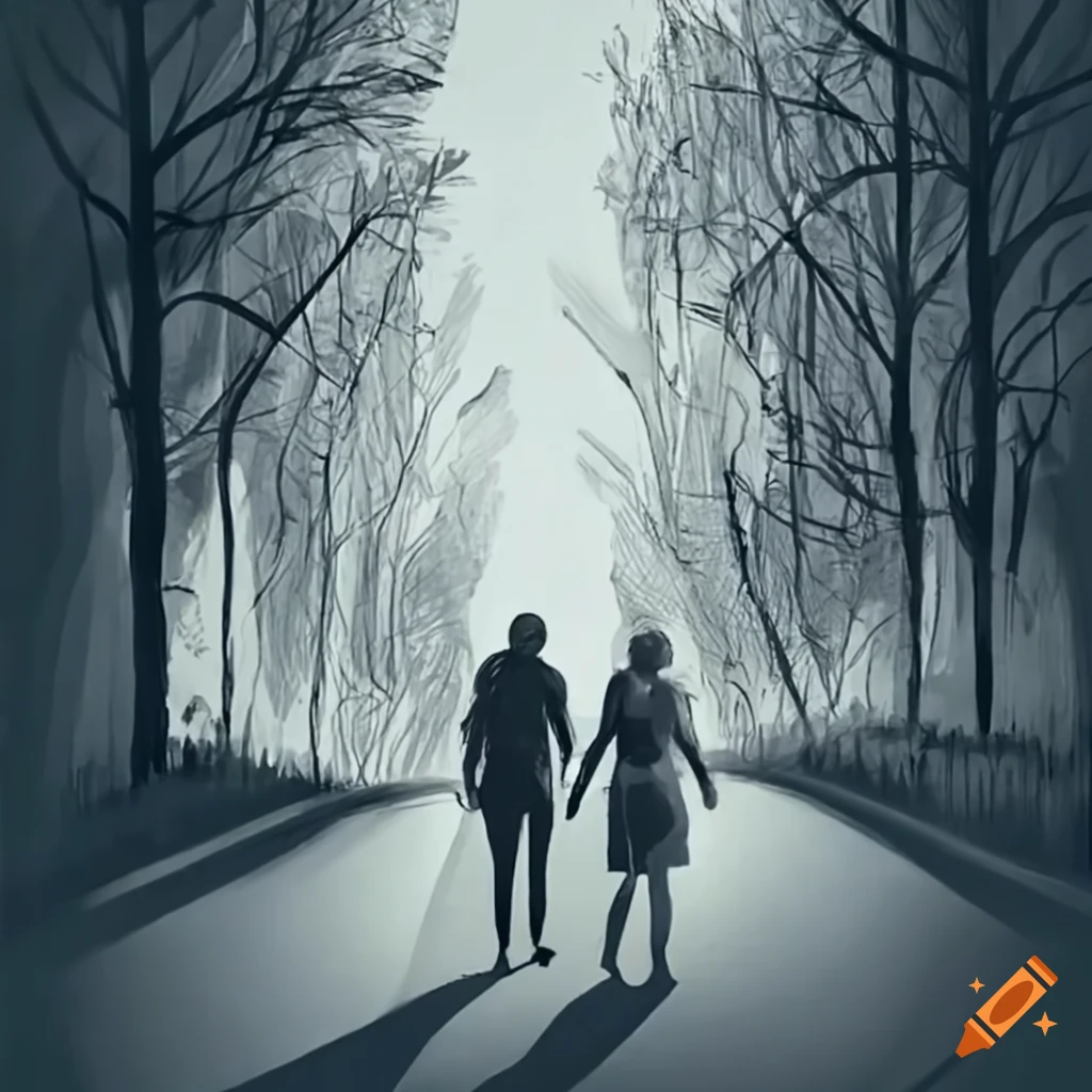 Man following woman along a long road on Craiyon