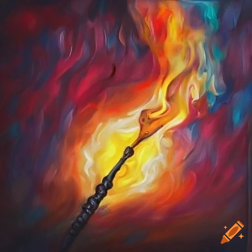 Fire magic wand on a blanket in an oil painting on Craiyon