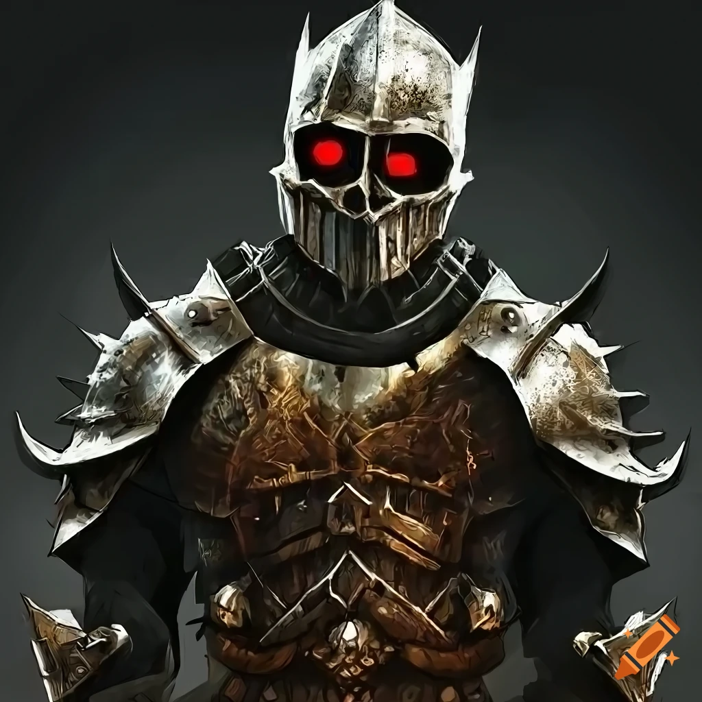 Dark knight with skull helmet in a sinister dungeon environment on Craiyon