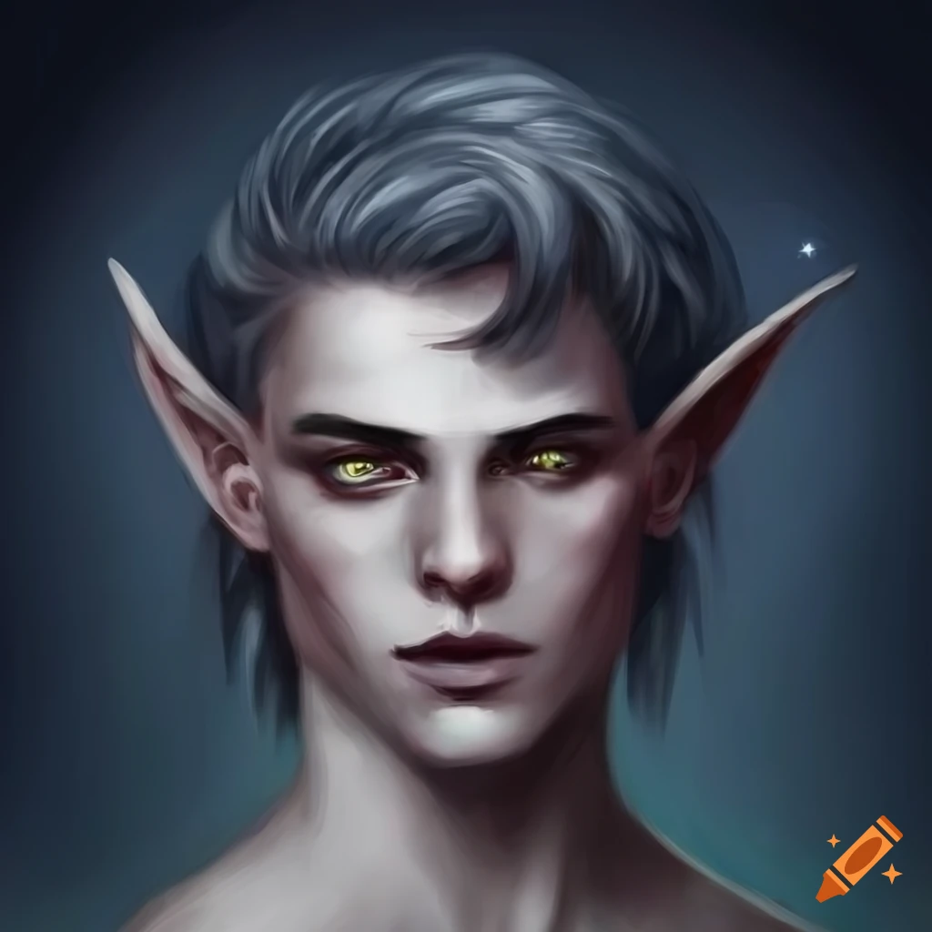 Elf with grey skin and black hair in greek oil painting style ...
