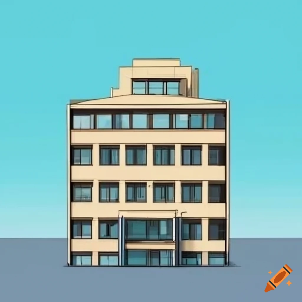 Cartoon style 5-story office building in a cut section view on Craiyon