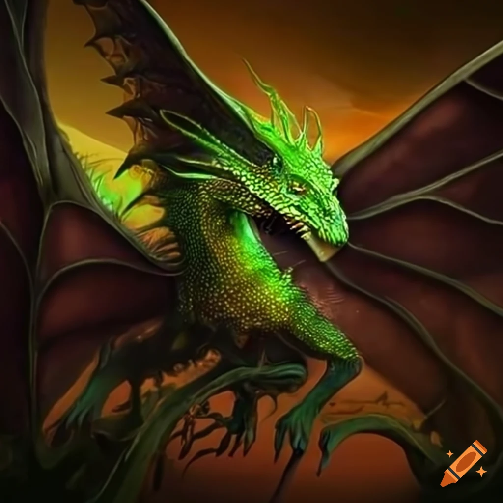 Flying greenish poisonous dragon surrounded by spiky venomous roots on ...
