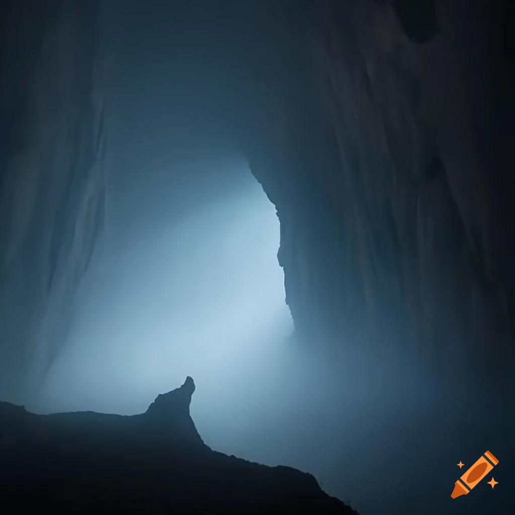 Misty giant cave opening in cliffs on Craiyon