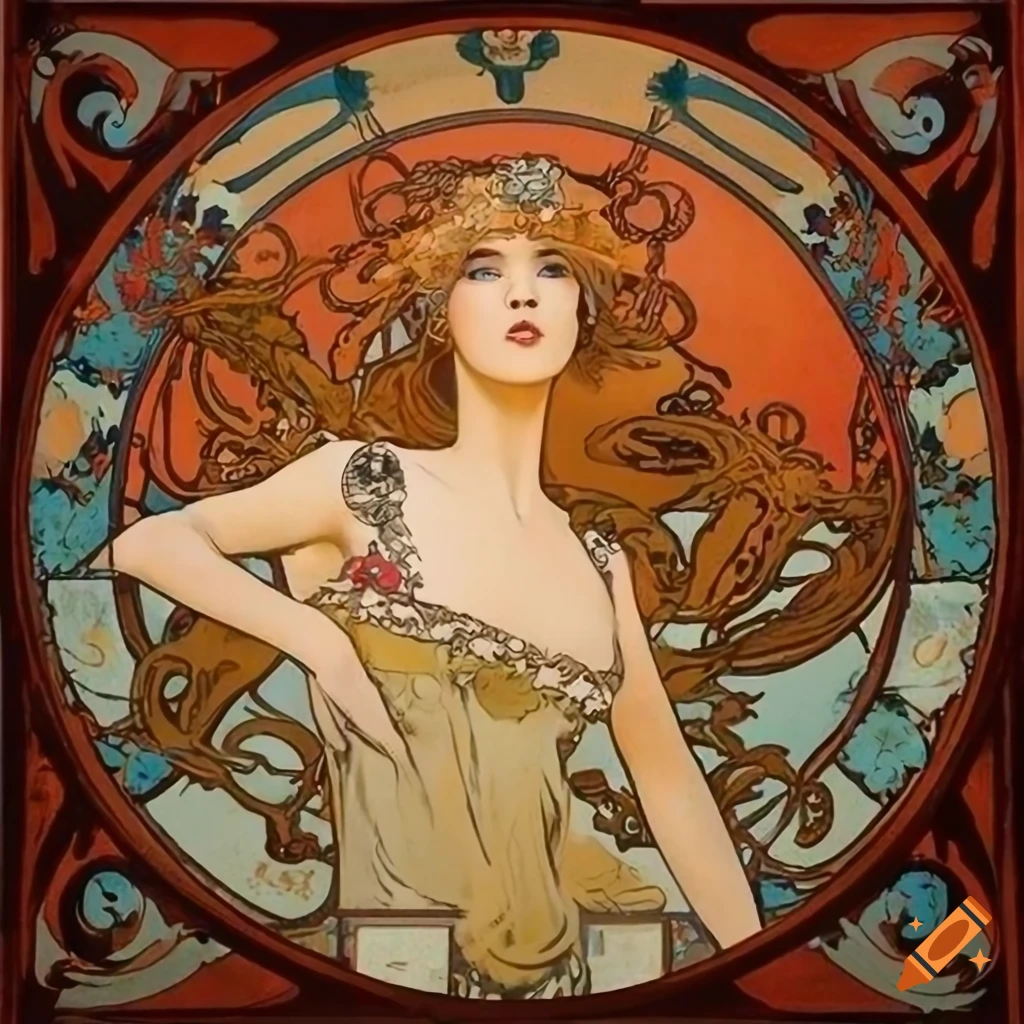 Vintage poster by alphonse mucha featuring an unwieldy mech and octopus ...