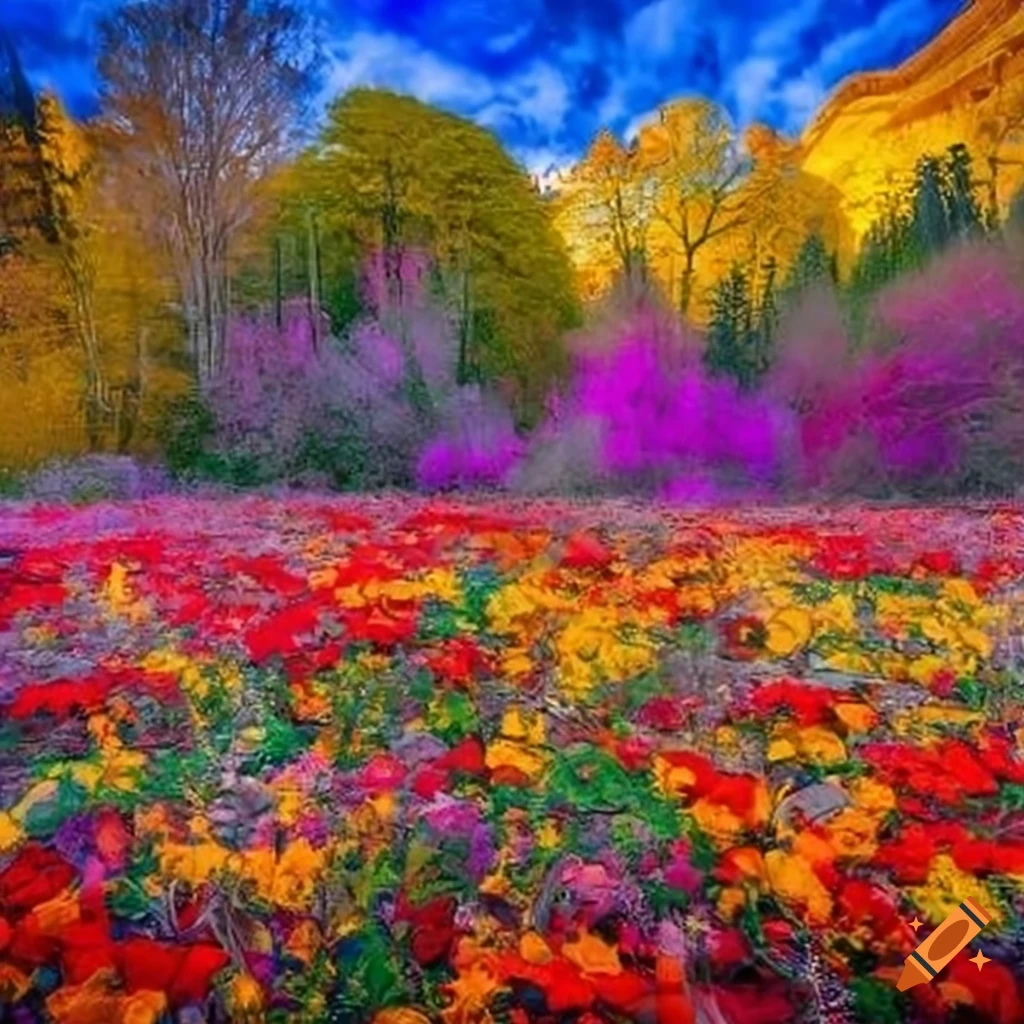 Vibrant landscape with colorful blooms like stained-glass art on Craiyon