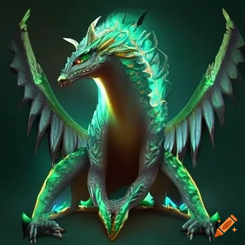 Mythical creature - sylvan dragon with shimmering green scales and ...