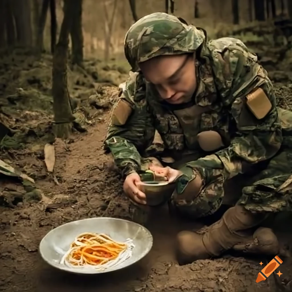 Veteran soldier eating in a destroyed trench in a forest on Craiyon