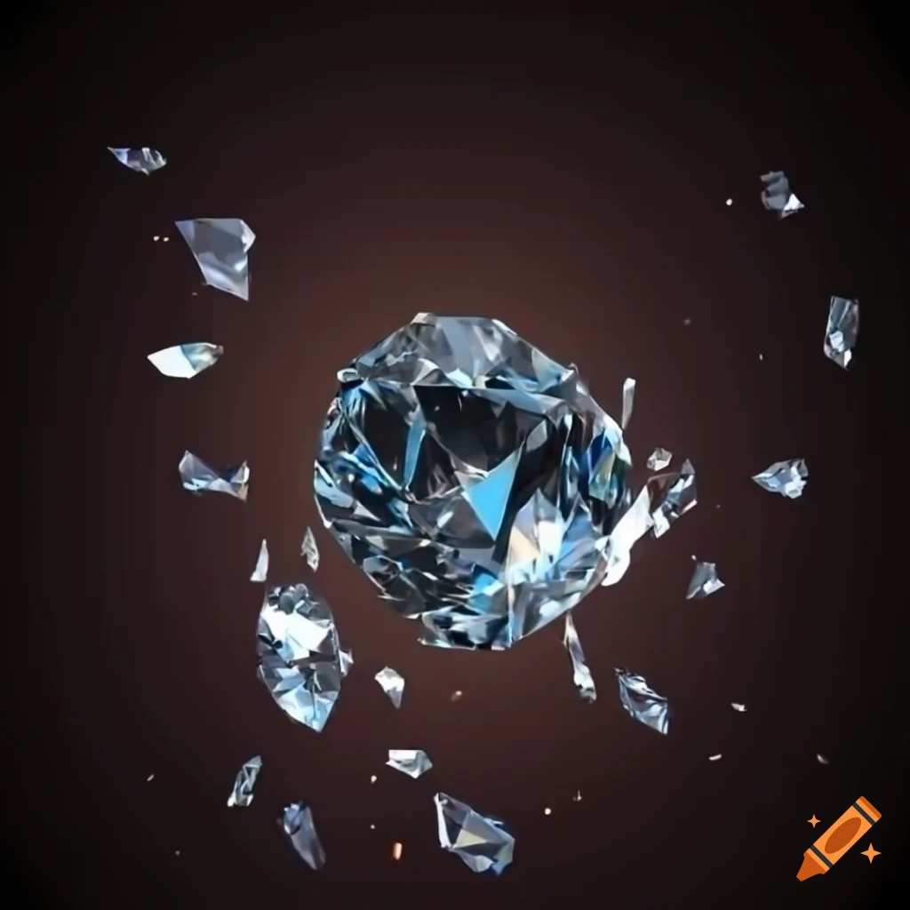 Shattered diamond with fragments scattering in front of a shining ...