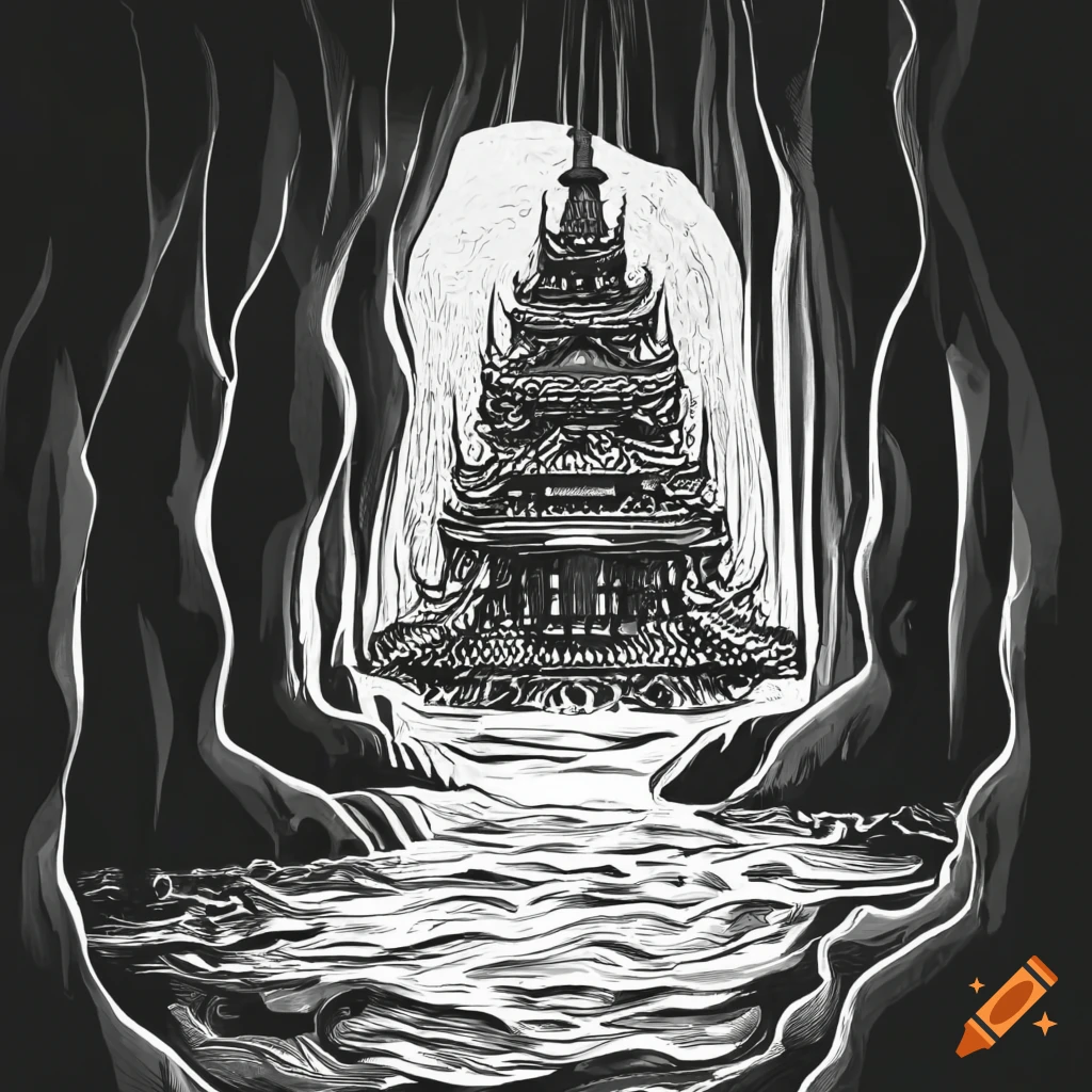 Hand-drawn giant dripstone cave with an ancient Asian temple and rivers ...