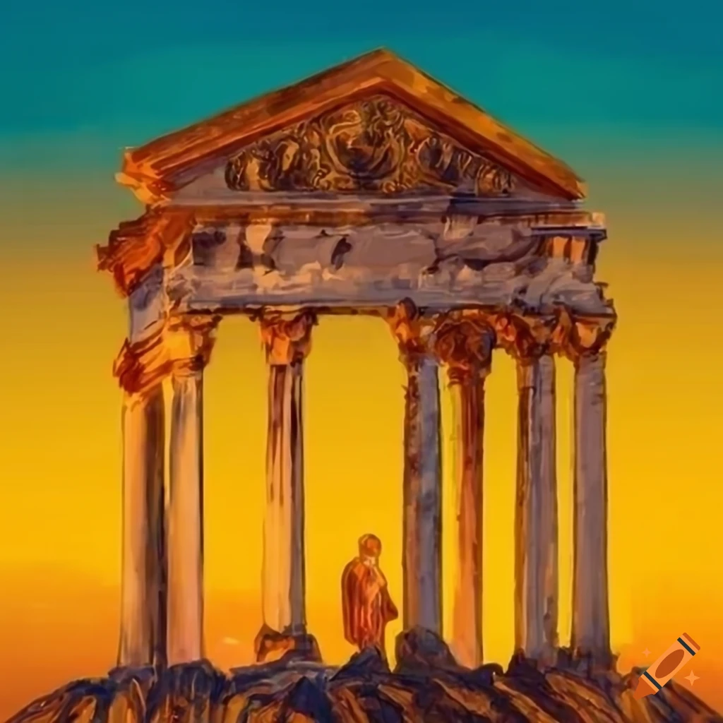 Escena clásica romana con predominio de azul en formato paisaje on Craiyon