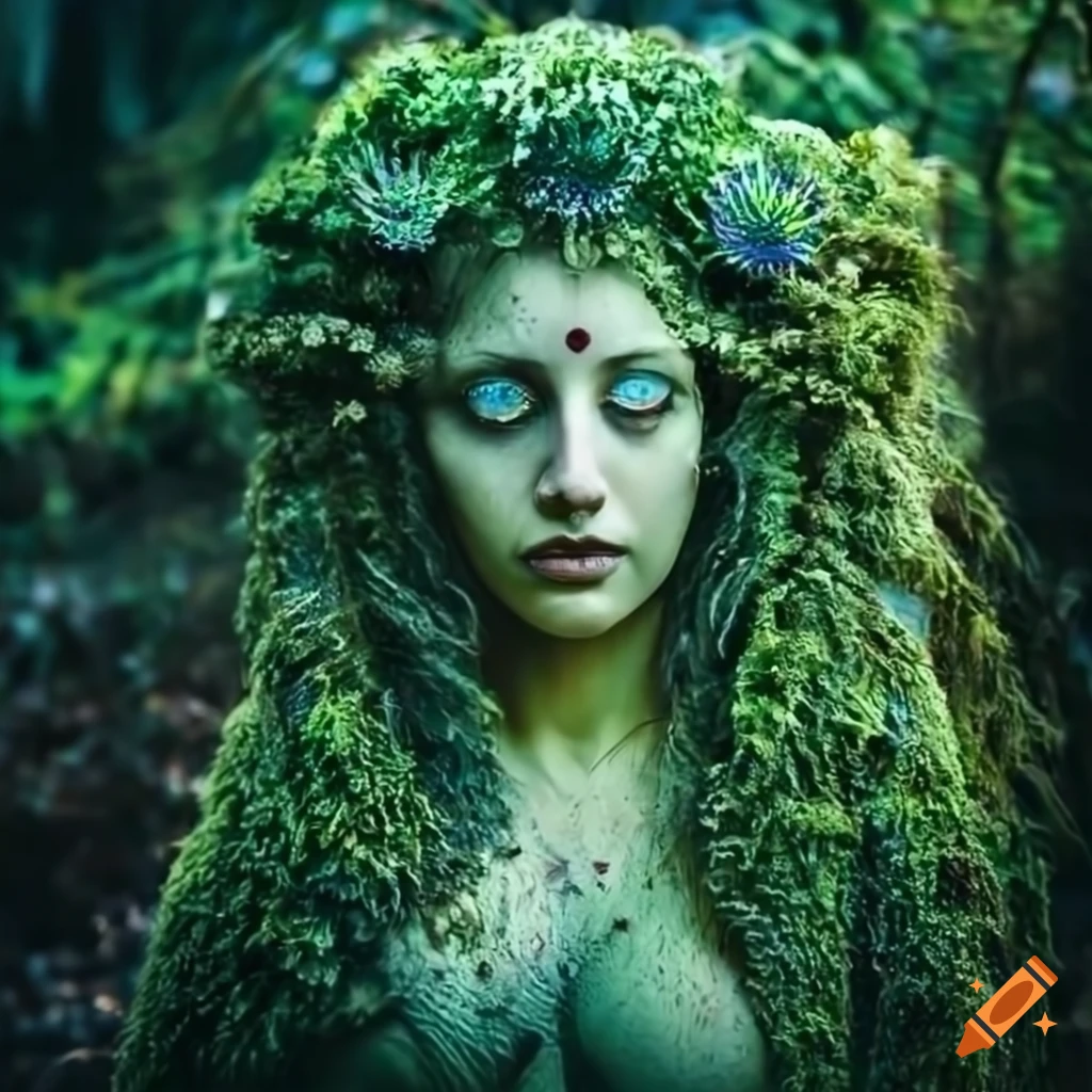 Moss-covered ancient goddess of vegetation in a luxurious forest ...