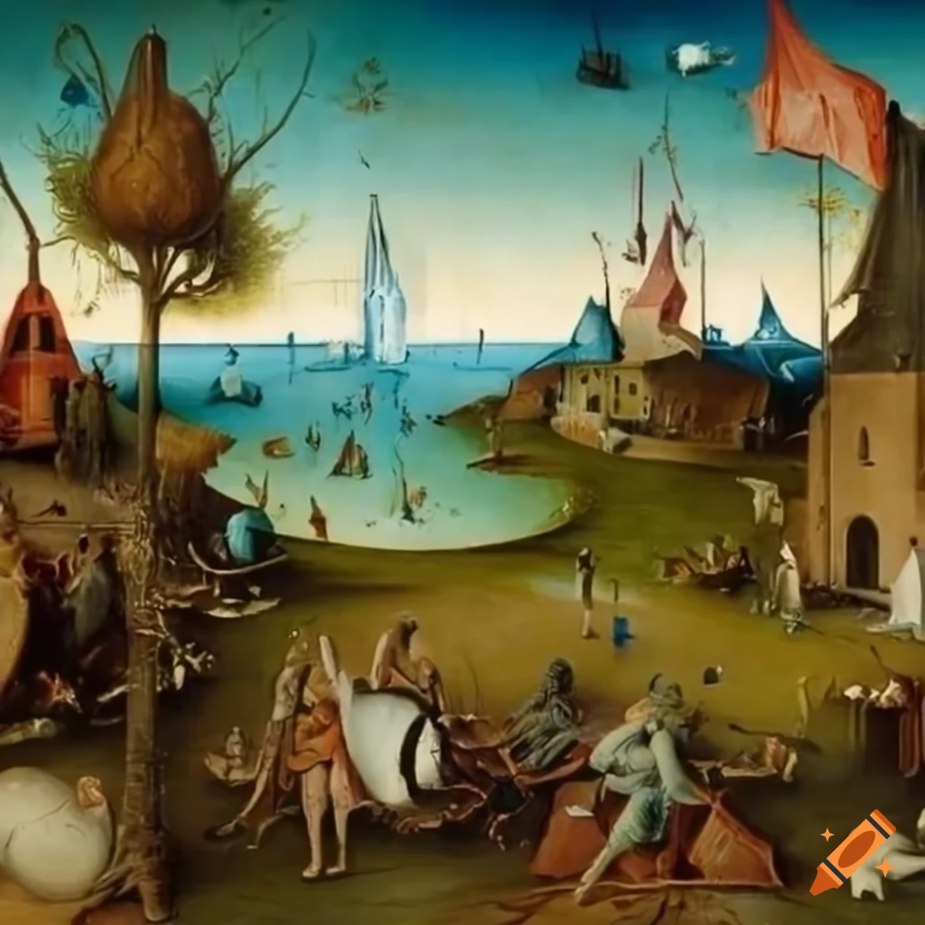 Captivating surrealist landscape painting in the style of hieronymus ...
