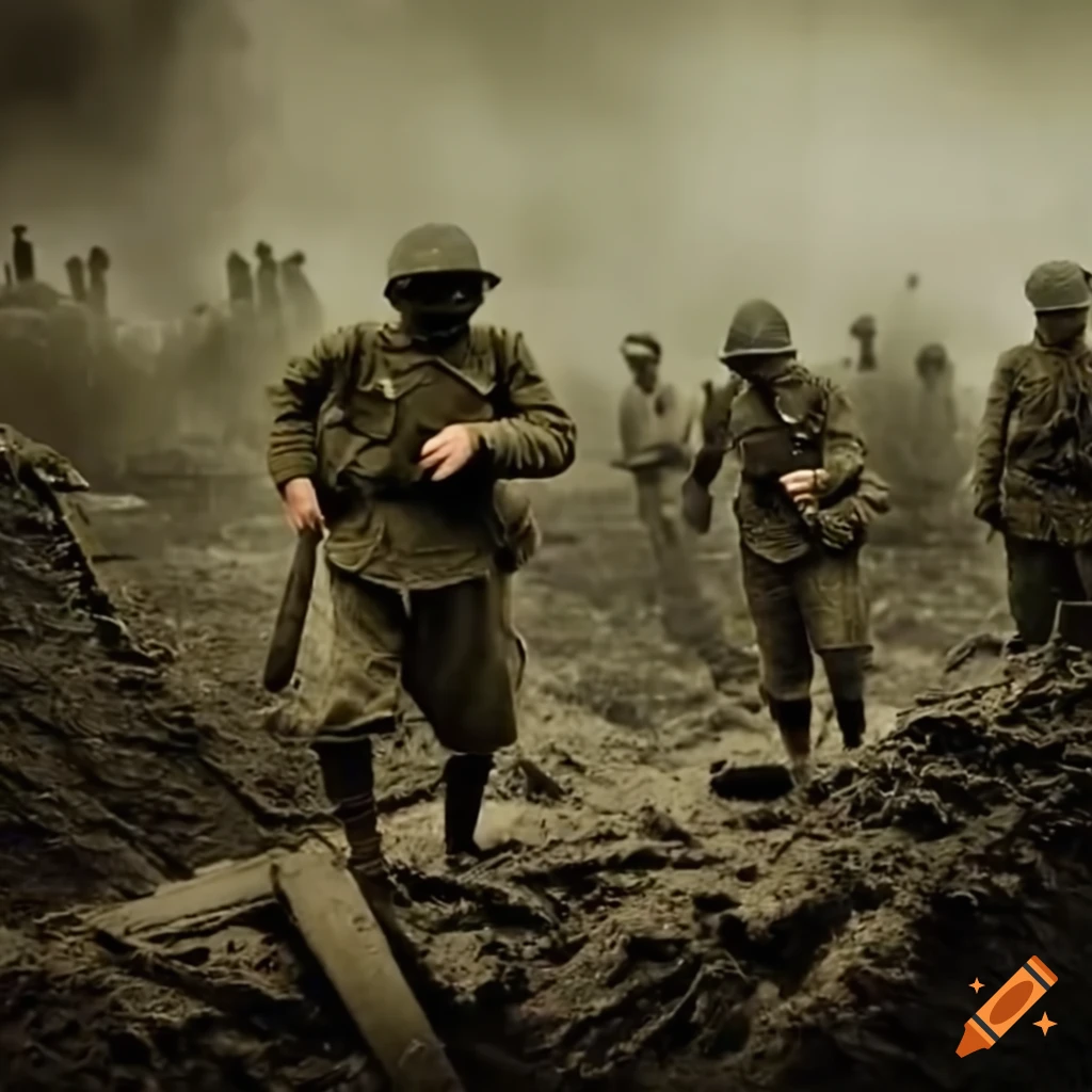 Wwi troops in gas masks marching through trenches during a gas attack ...