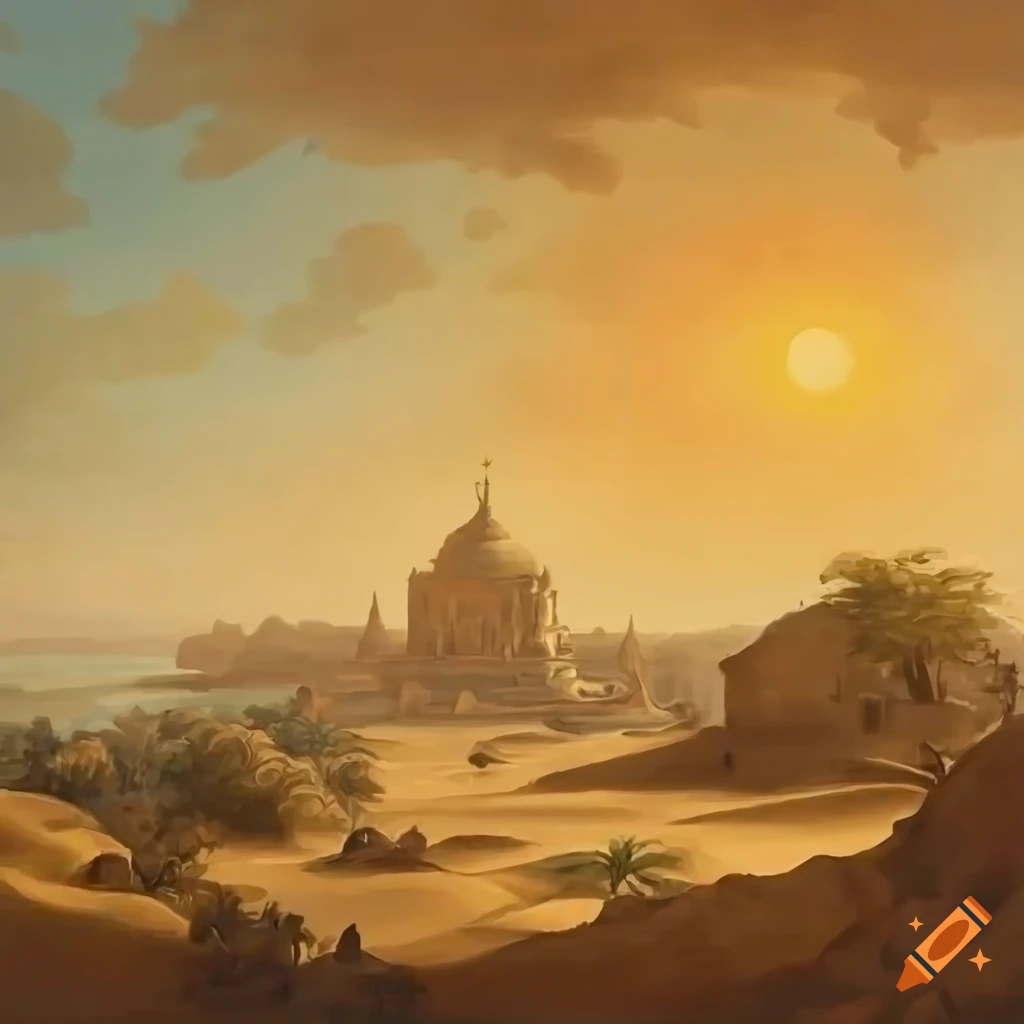 Rococo painting of a desert town with a grand temple and sand dunes ...