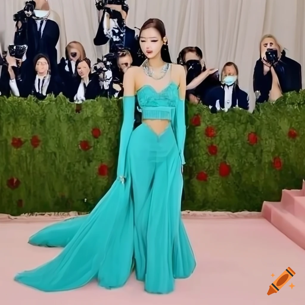 Outfit inspired by turquoise at met gala worn by blackpink's jennie on Craiyon