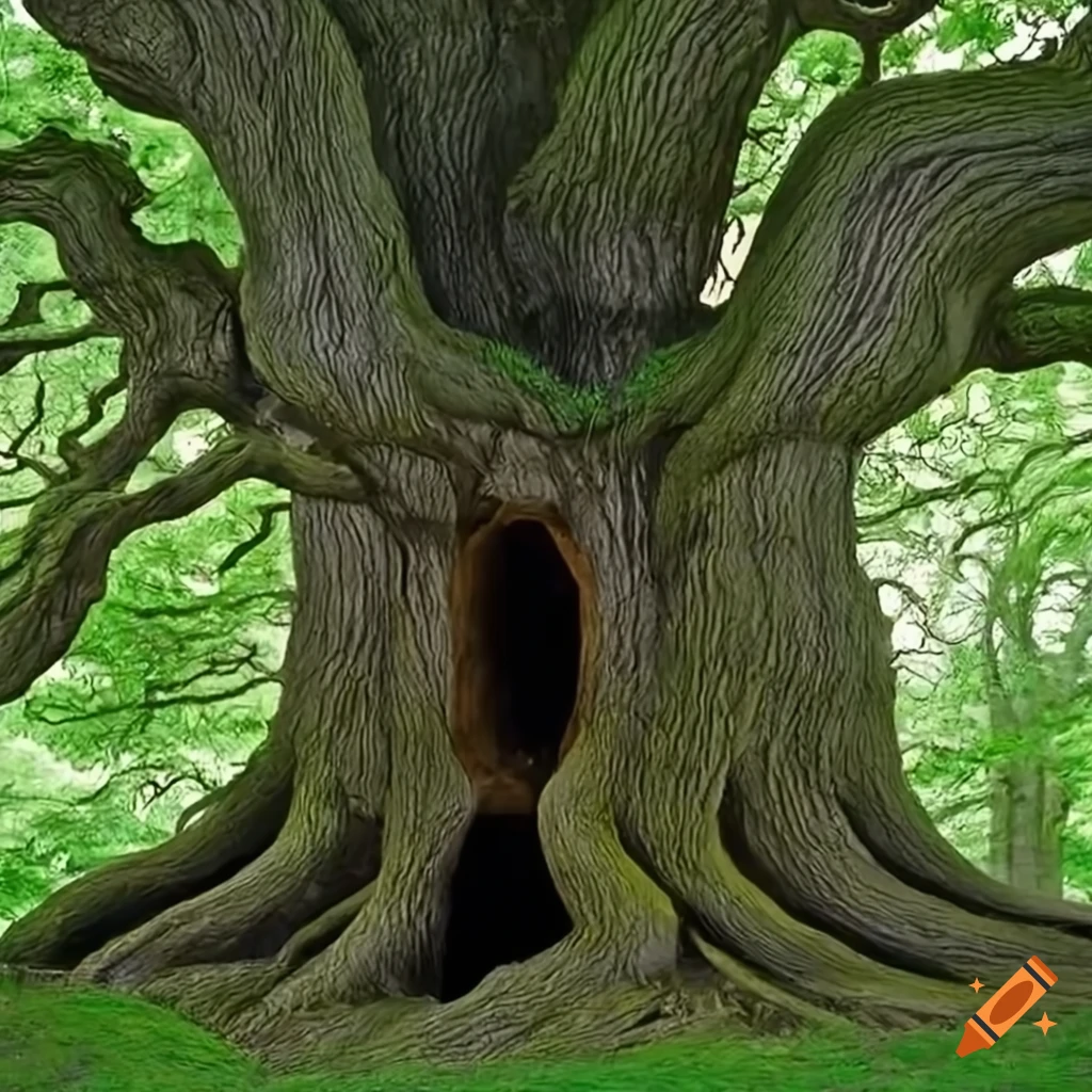 Whimsical massive gnarled oak tree with a mysterious knot hole on Craiyon